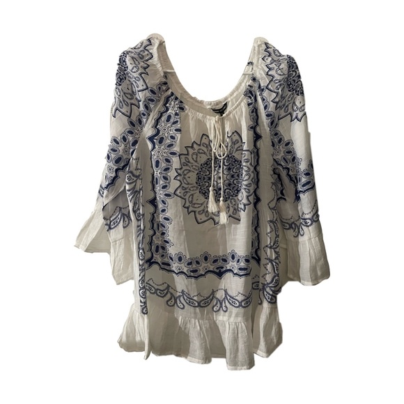 Unique Spectrum | Tops | Unique Spectrum Blouse White With Blue Design ...